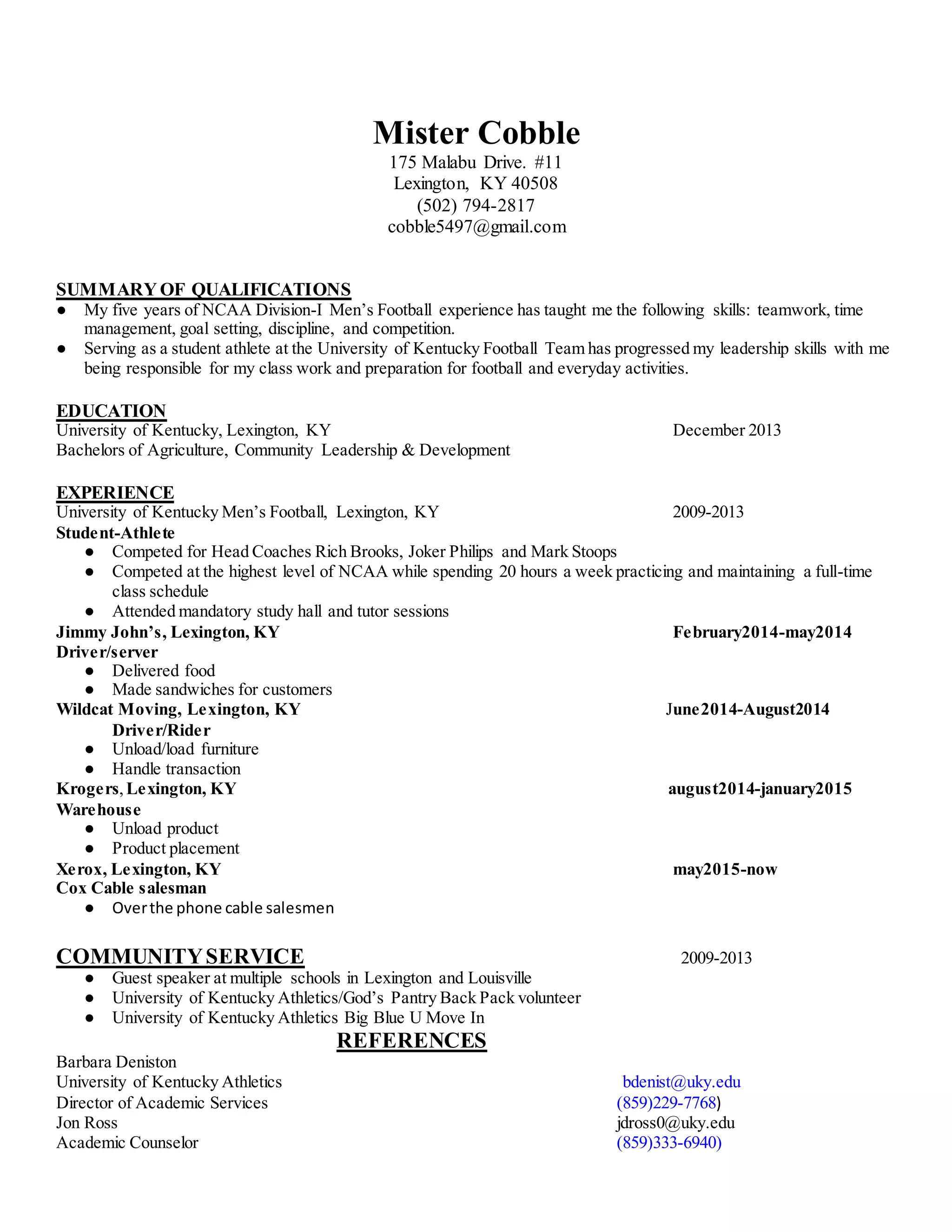 MisterCobbleResume | DOCX | College Football | College Sports