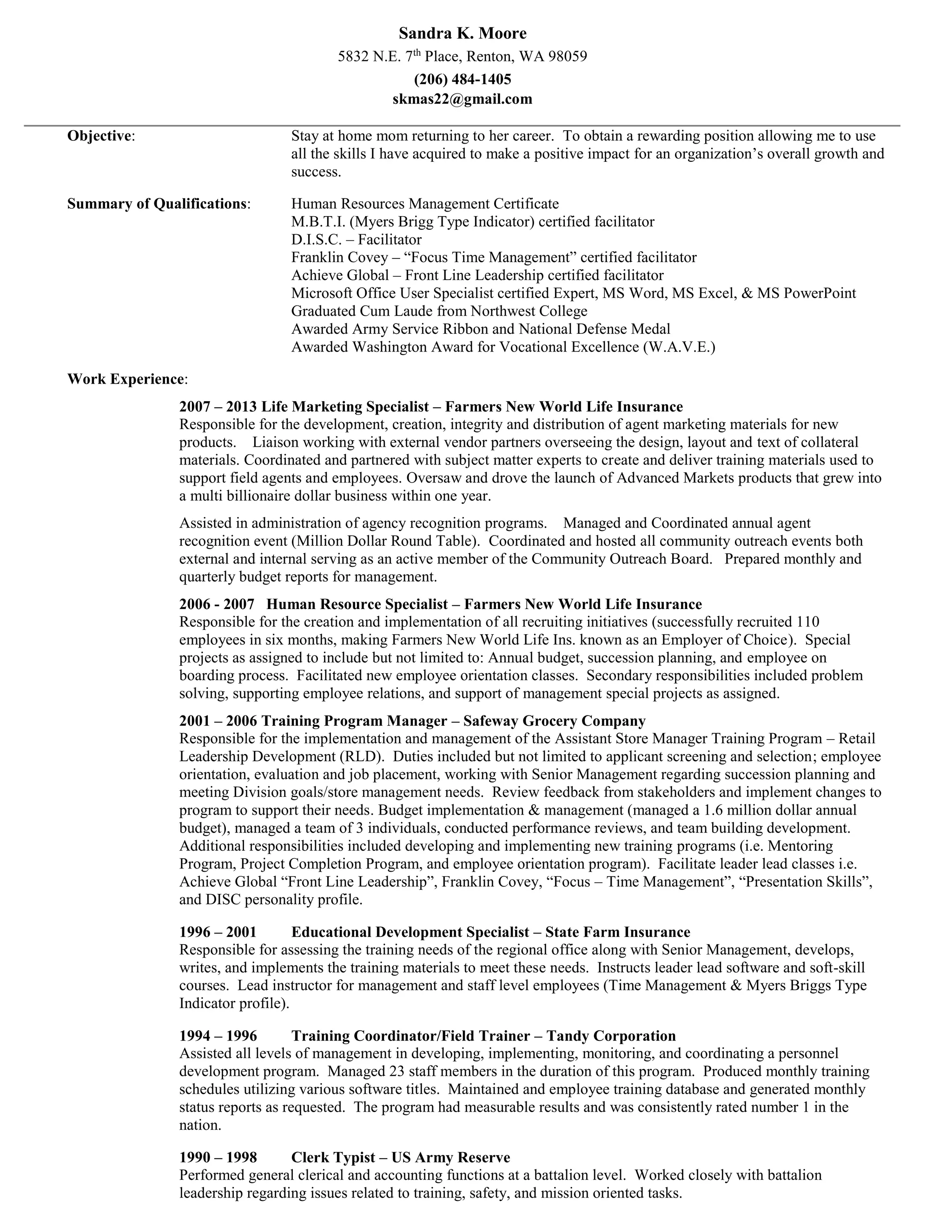 Sandra Moore Resume - non Manager I | PDF