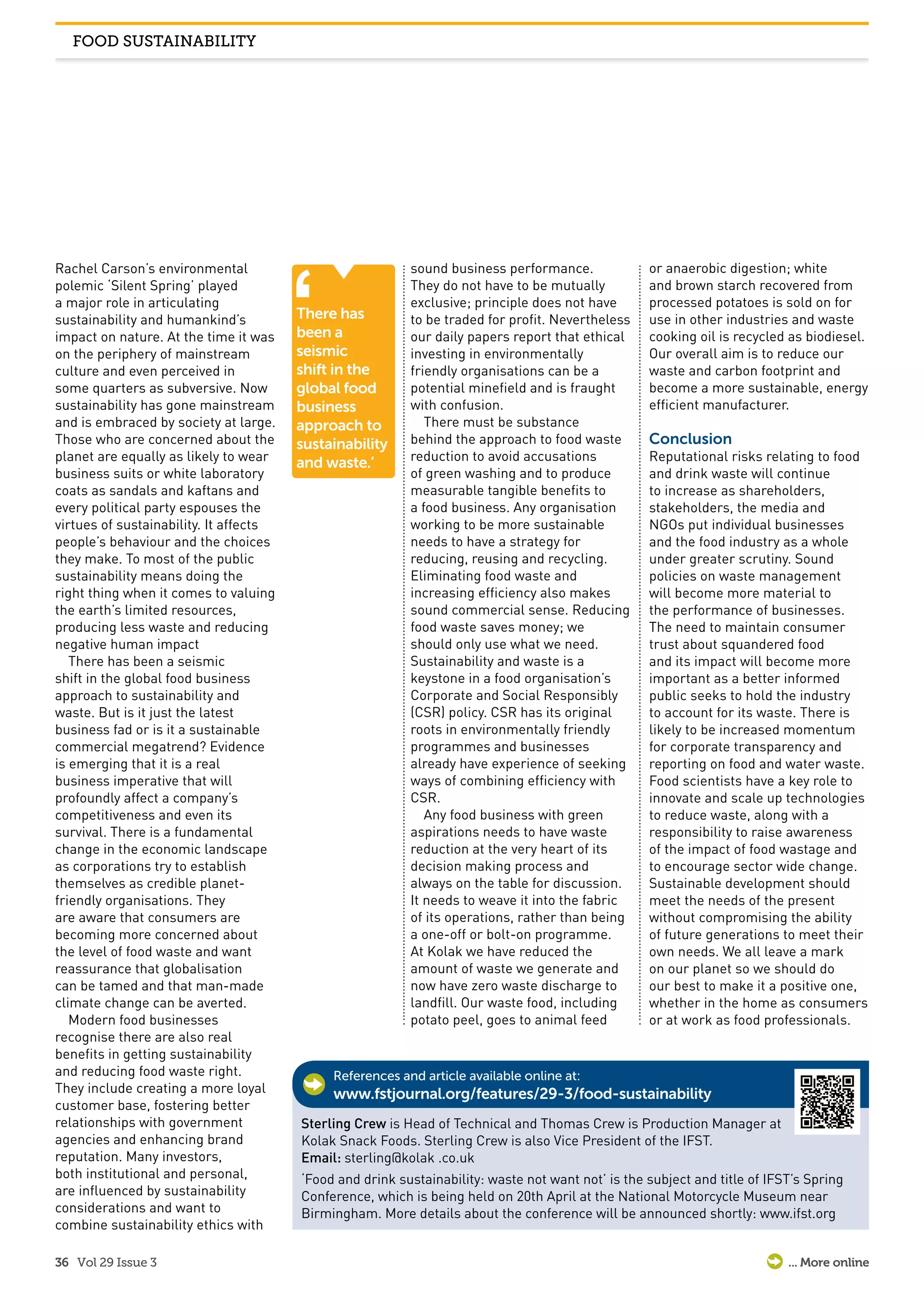 IFST Journal Winter 2015 .Food Sustainability - Waste not want not. | PDF