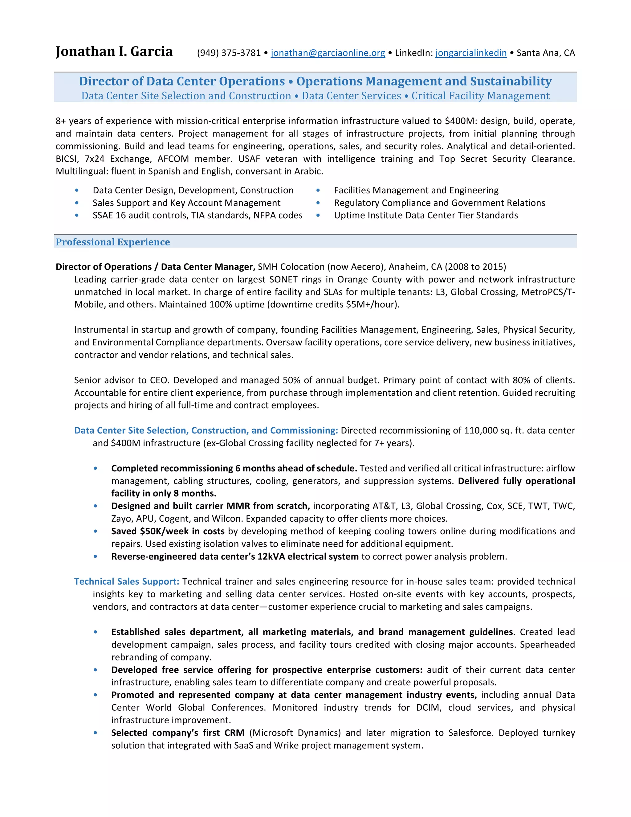 Jonathan Garcia resume Data Center Operations Management | PDF