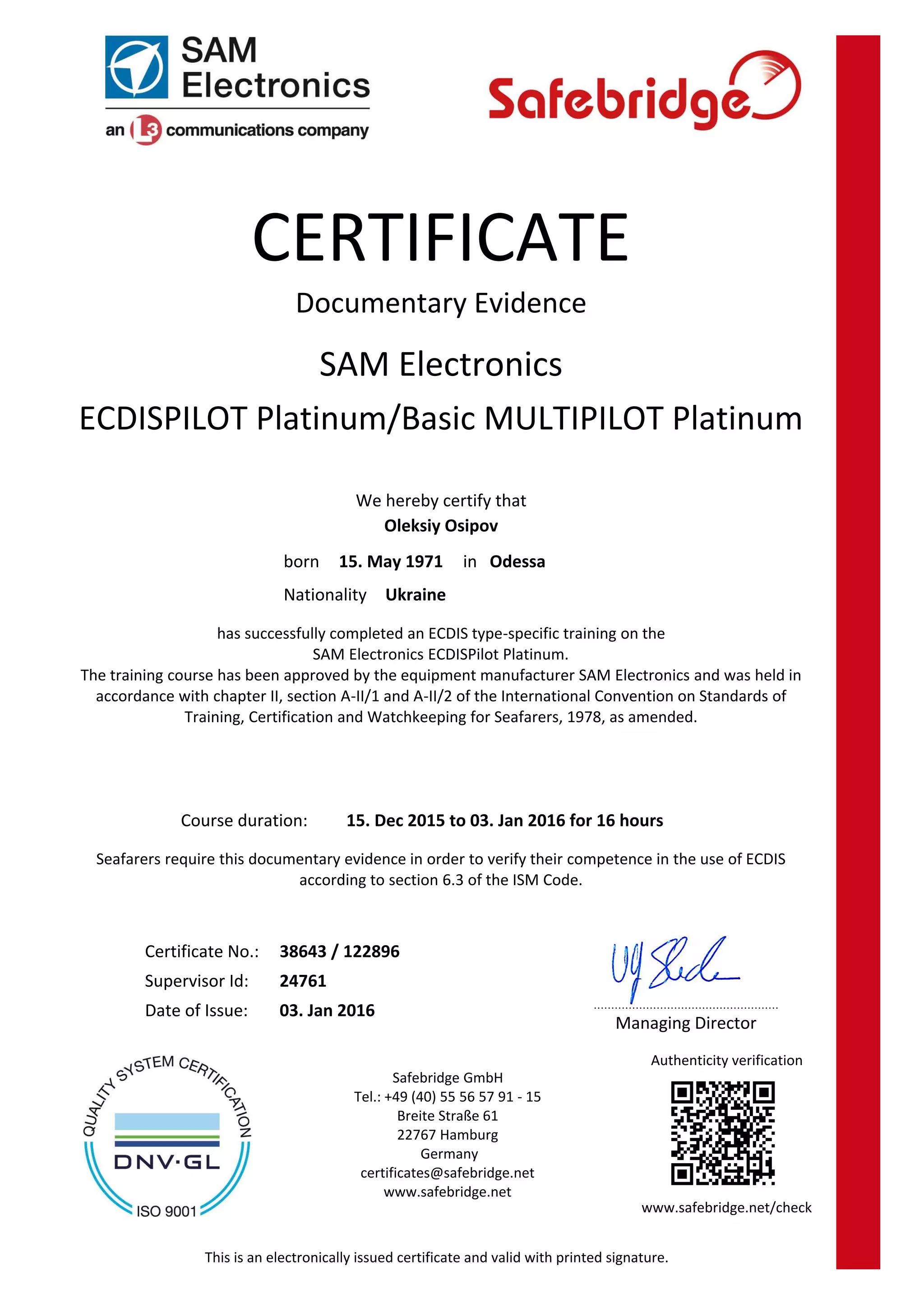 Ecdis PLATINUM Certificate 122896 - Oleksiy Osipov | PDF