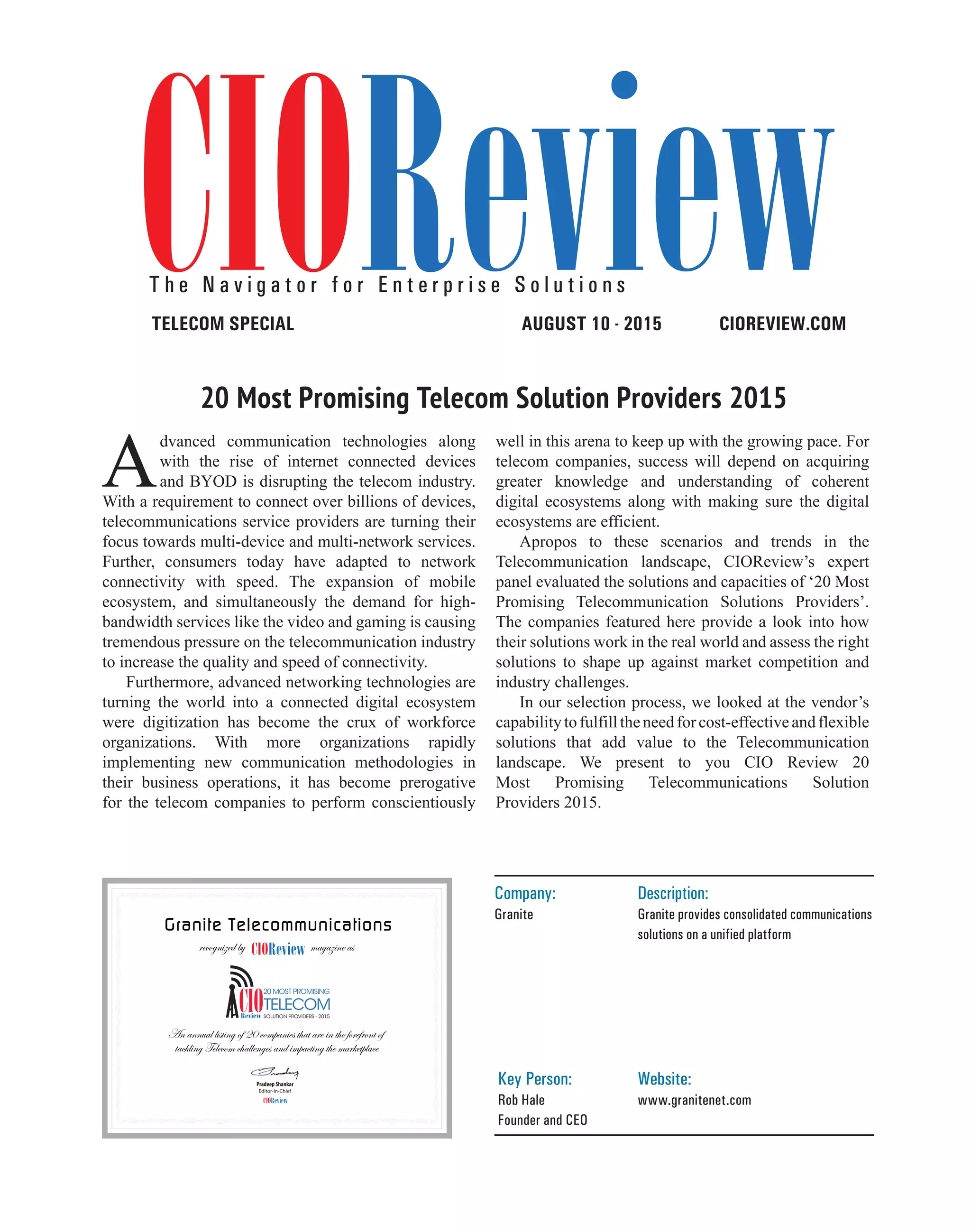CIOReview recognizes Granite on list of 20 Most Promising Telecom ...