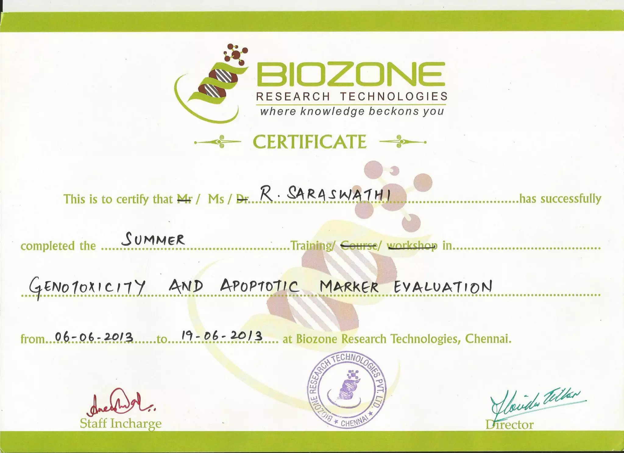 BIOZONE TRAINING CERTICATE | PDF