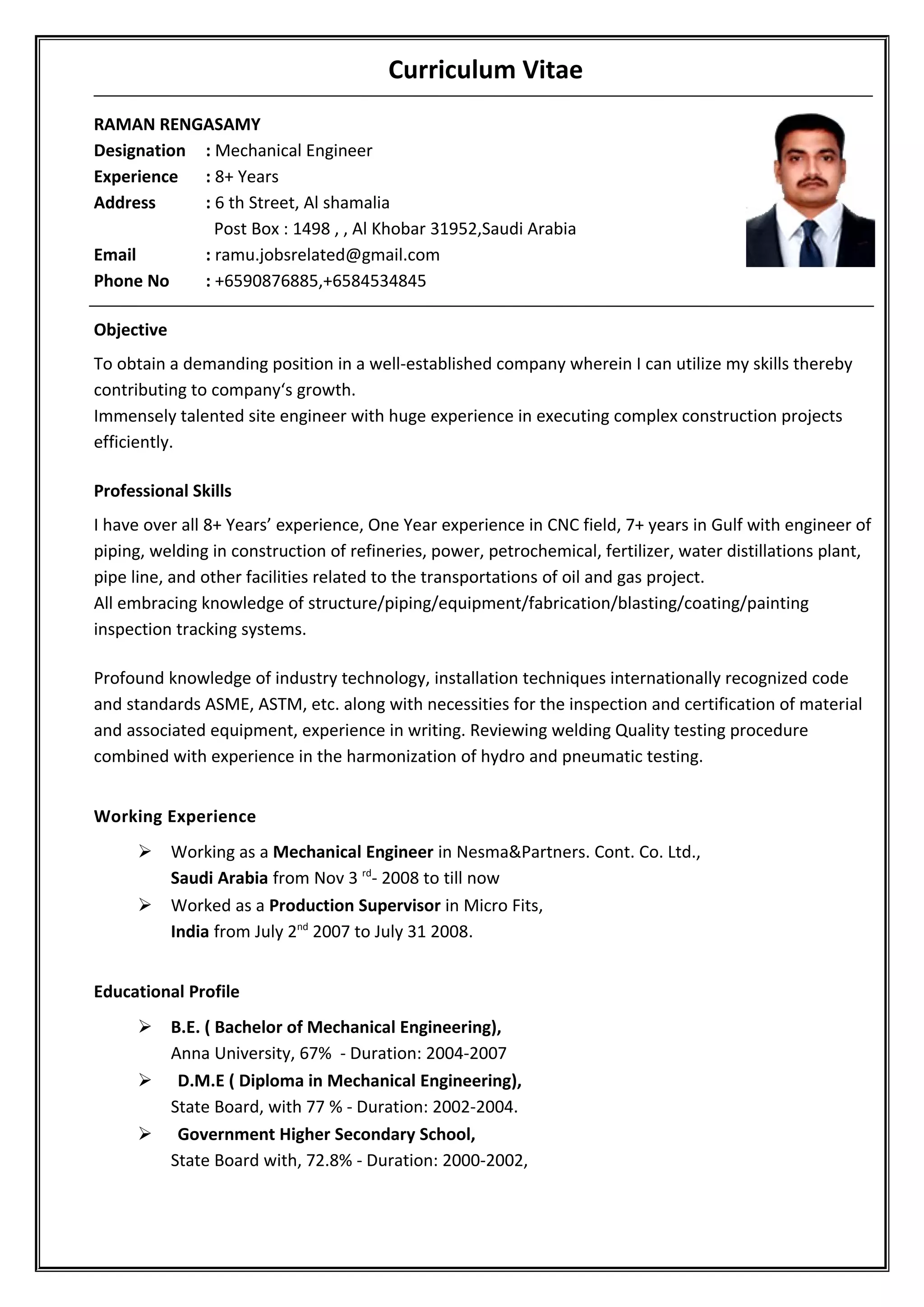 CV Mechanical Engineer 8+ Years Experience | PDF