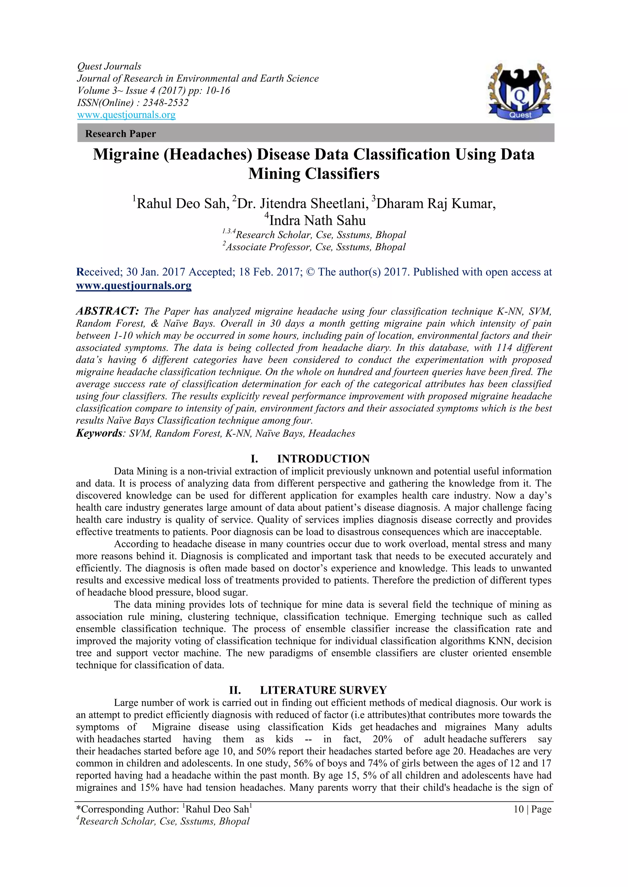 Migraine (Headaches) Disease Data Classification Using Data Mining Classifiers | PDF