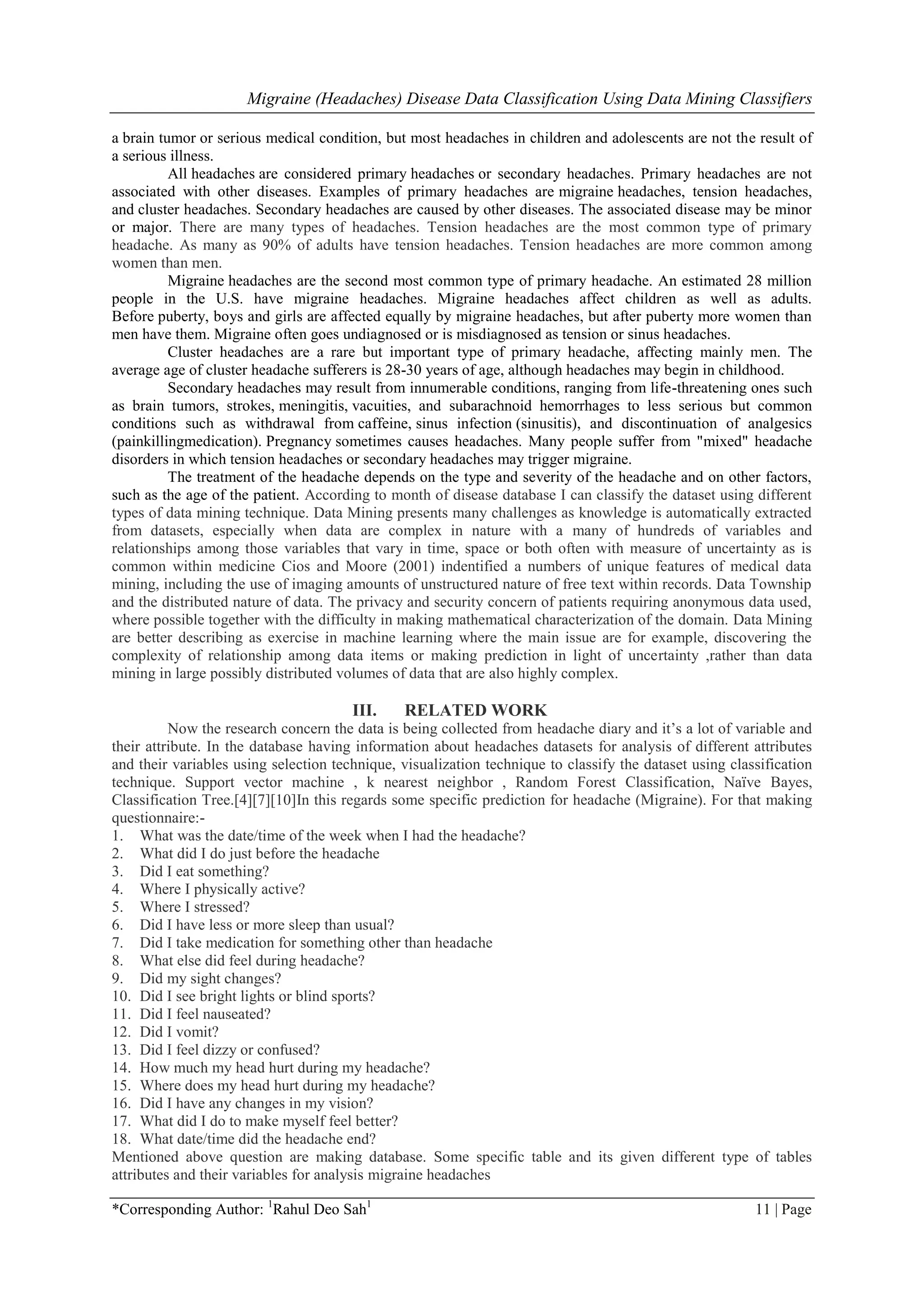 Migraine (Headaches) Disease Data Classification Using Data Mining ...