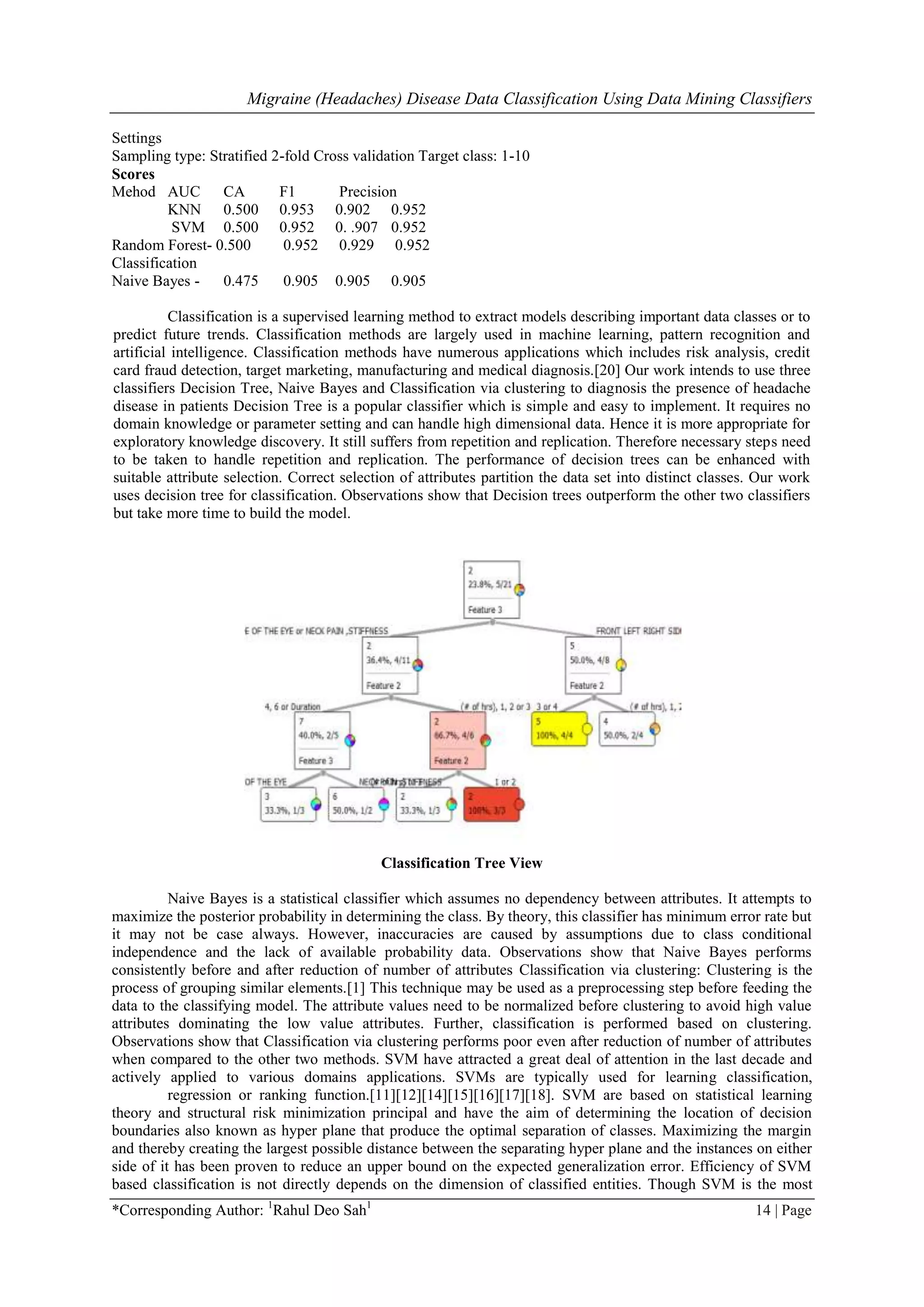 Migraine (Headaches) Disease Data Classification Using Data Mining Classifiers | PDF