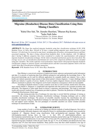Migraine (Headaches) Disease Data Classification Using Data Mining Classifiers | PDF