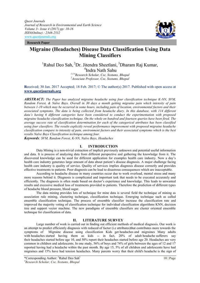 Migraine (Headaches) Disease Data Classification Using Data Mining Classifiers | PDF