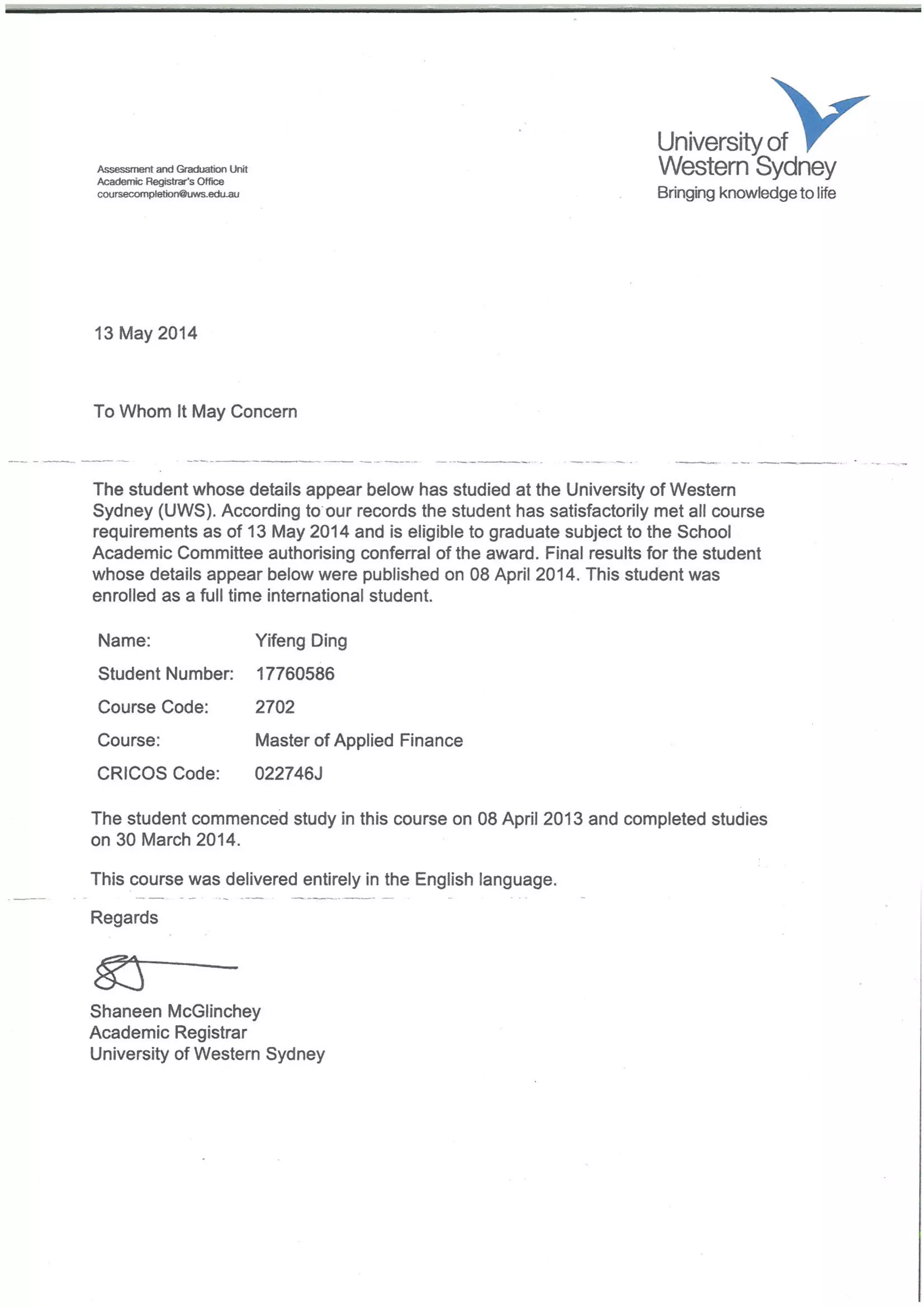 University of Western Sydney Completion Letter | PDF