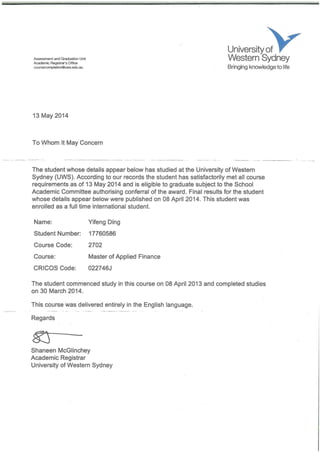 University of Western Sydney Completion Letter