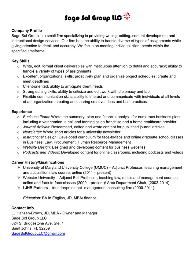 CV Sage Sol Group LLC | PDF | Business | Business and Finance