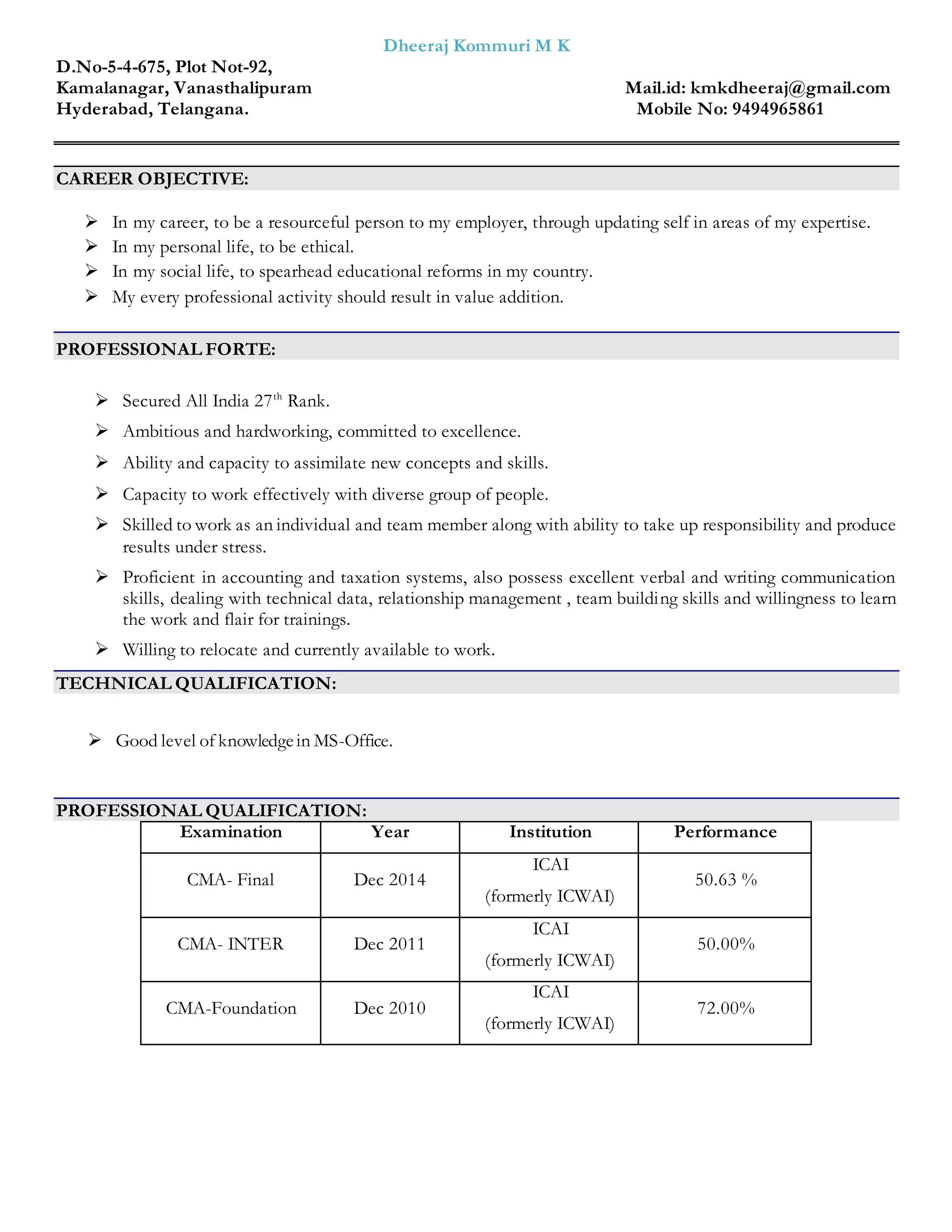 CMA Dheeraj Resume | PDF