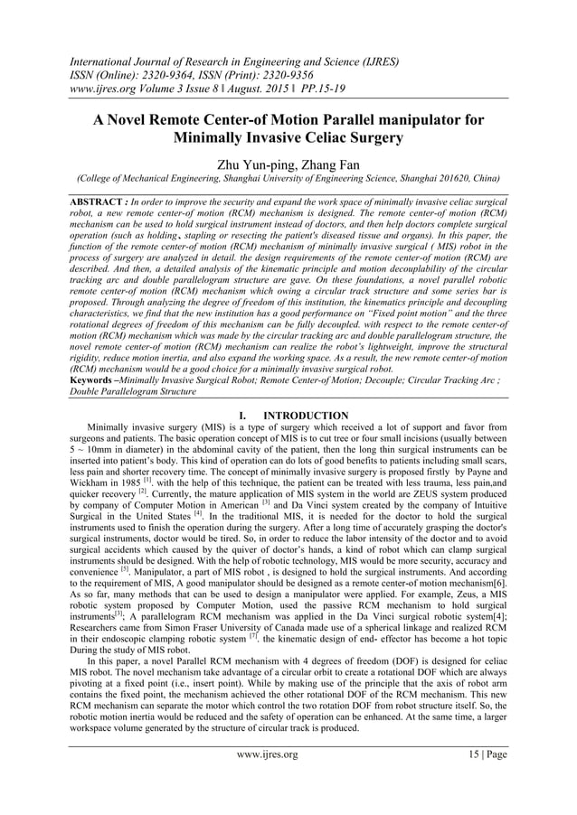 A Novel Remote Center Of Motion Parallel Manipulator For Minimally