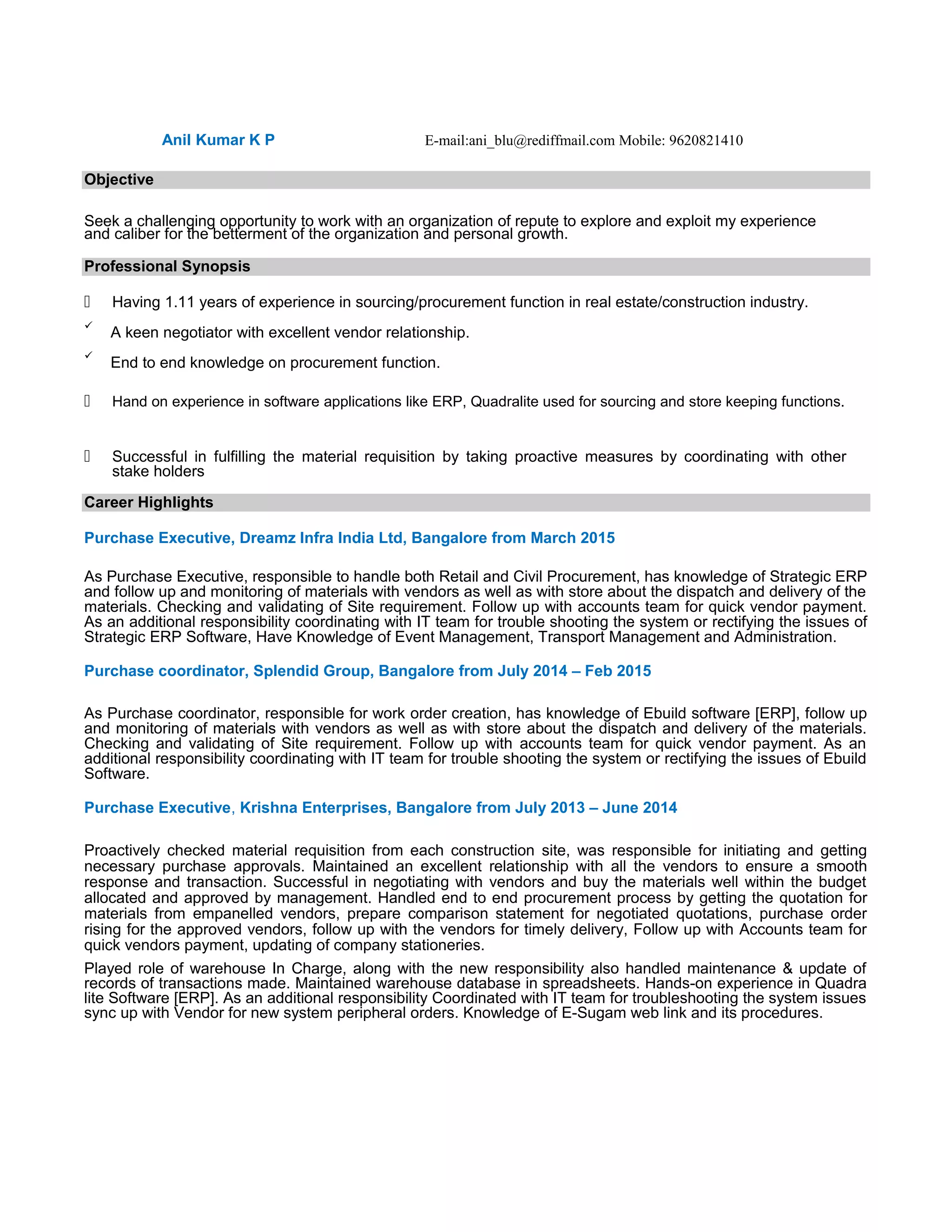 Updated Resume - Anil Kumar | DOC