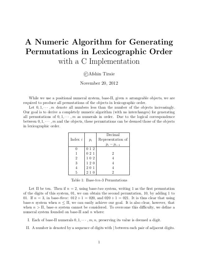 A Numeric Algorithm For Generating Permutations In Lexicographic Orde…