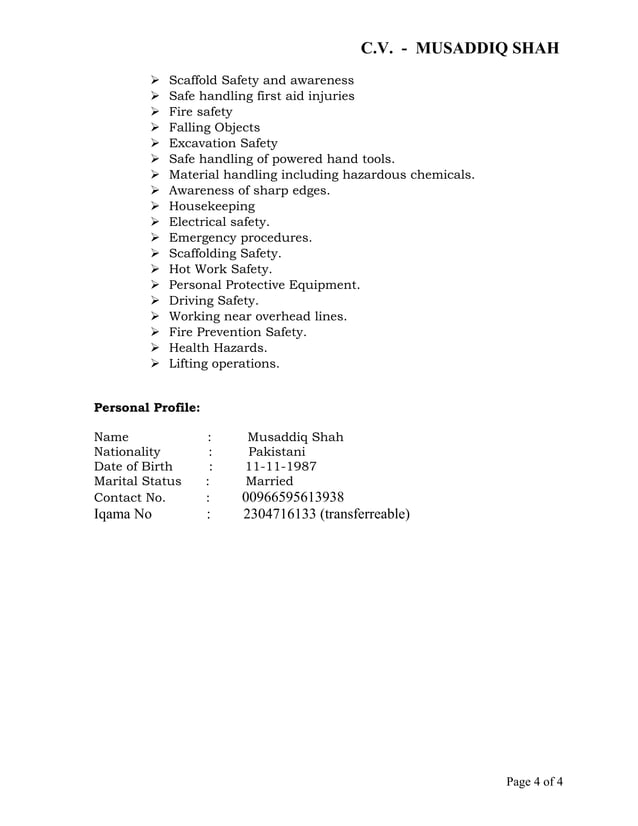 MUSADDIQ UPDATED CV | DOC | First Aid | Injuries