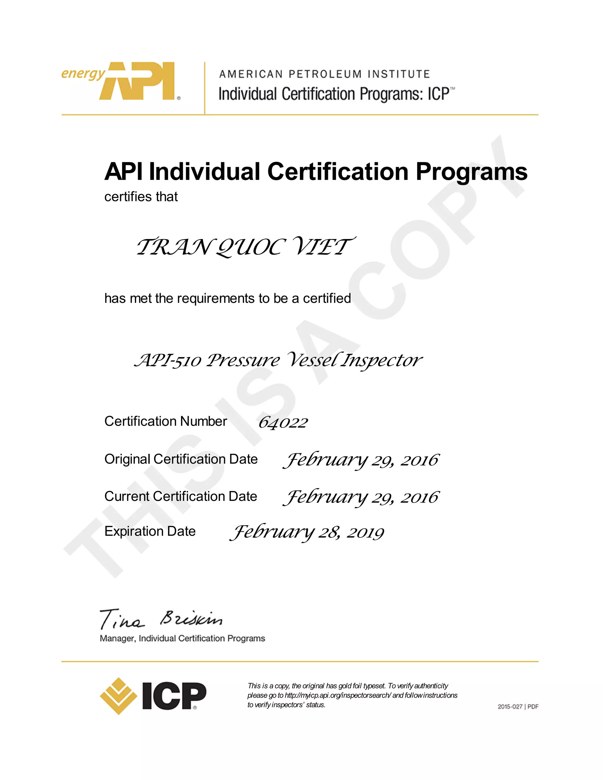API 510 Pressure Vessel Inspector Certificate | PDF