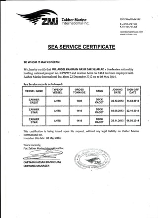Sea Service Certificate | PDF