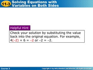 Holt Solve Equations with Variables on Both Sides | PPT