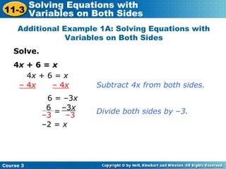 Holt Solve Equations with Variables on Both Sides | PPT