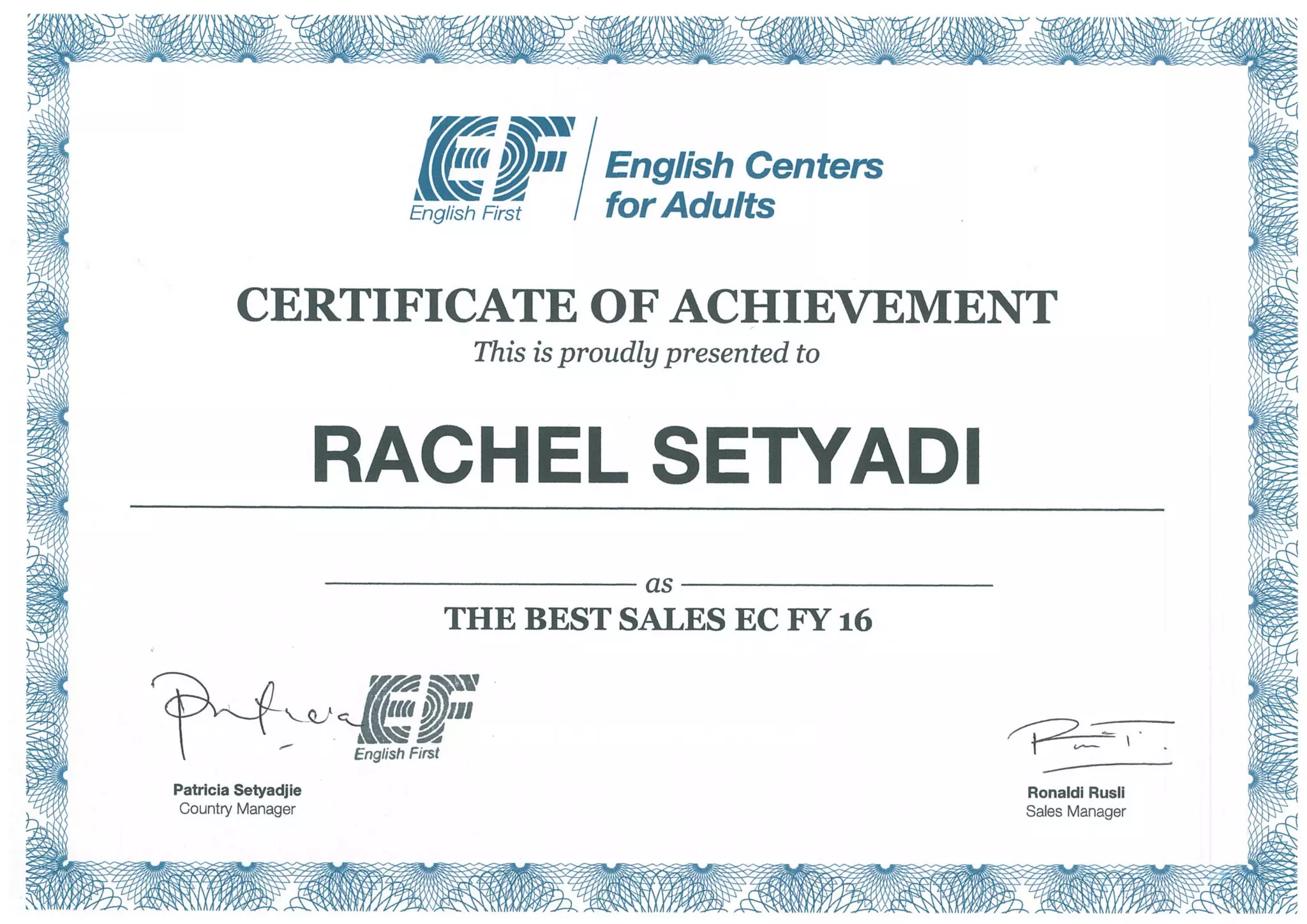 EF Certificate Best EC FY2016 | PDF