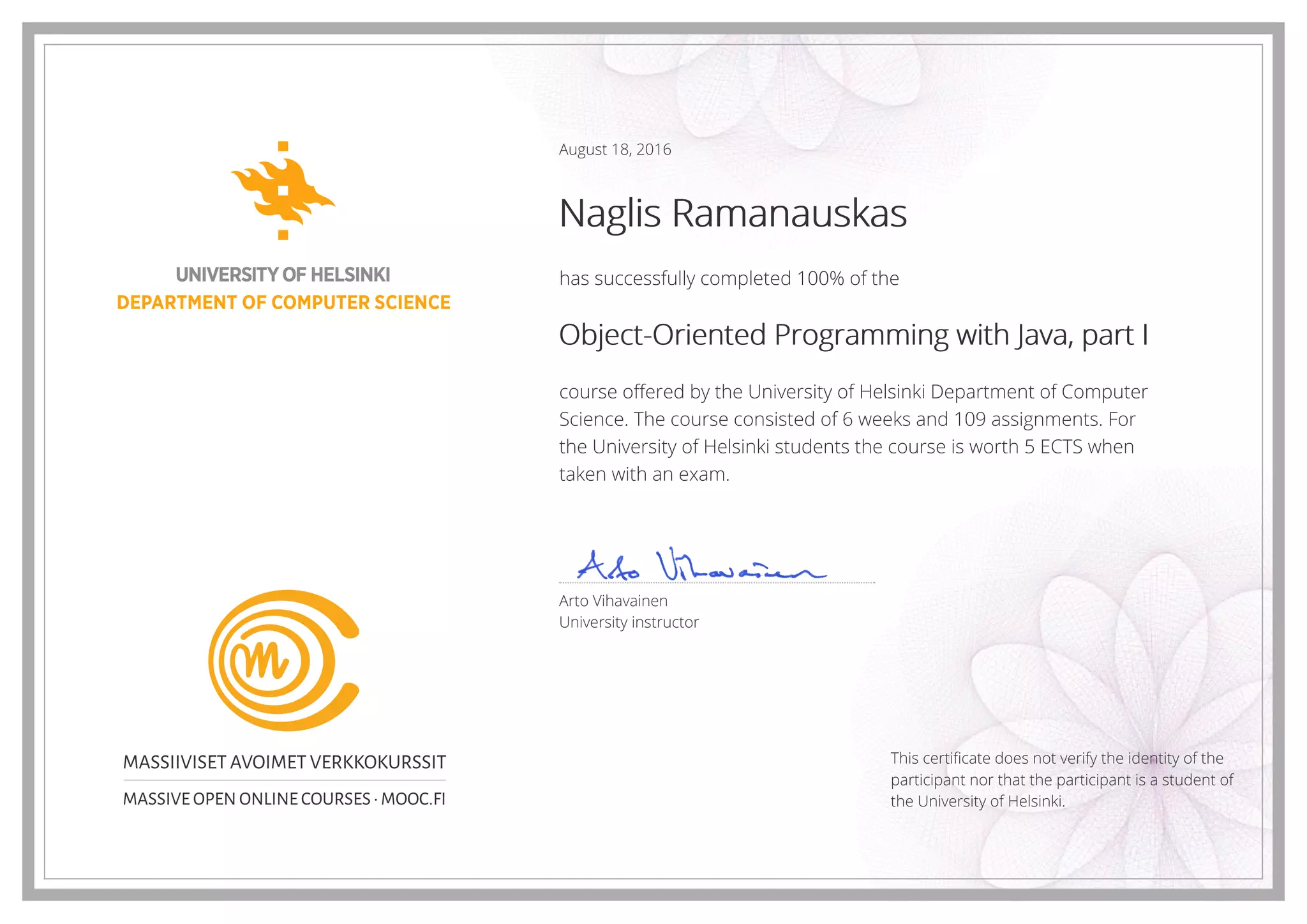 Naglis Ramanauskas certificate for JAVA Part 1 Helsinki | PPT
