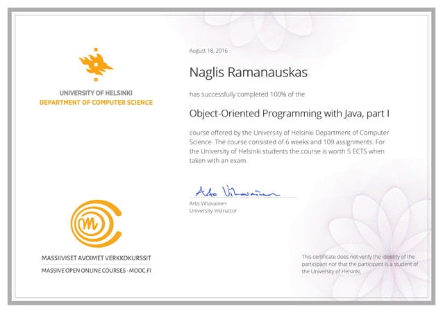 Naglis Ramanauskas certificate for JAVA Part 1 Helsinki | PDF