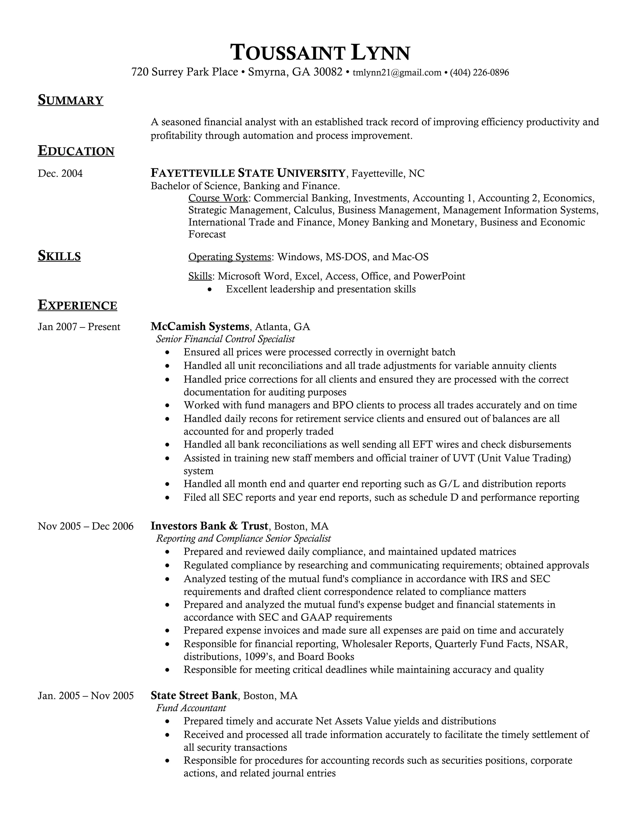 Resume_TL_Accounting_Finance | DOC | Business Accounting & Finance | Business