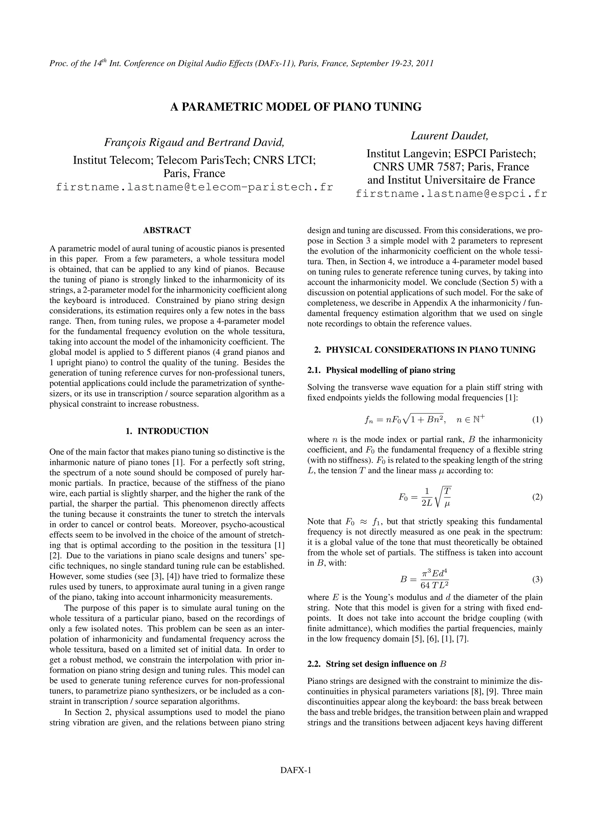 (2011) Rigaud, David, Daudet - A Parametric Model of Piano Tuning | PDF