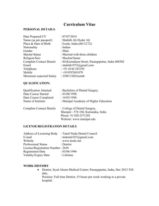 Shabith ali h - Resident dentist - 20 Yrs 0 Month | PDF