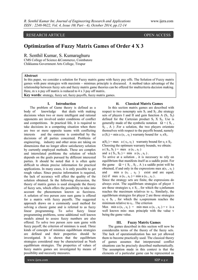 Optimization of Fuzzy Matrix Games of Order 4 X 3 | PDF