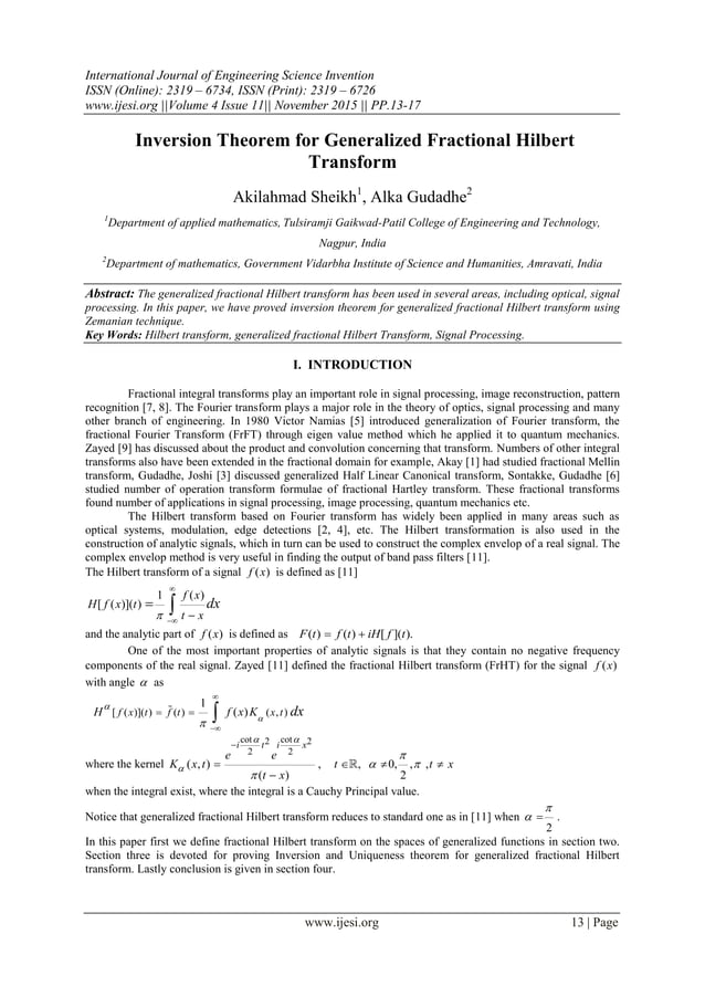 Inversion Theorem for Generalized Fractional Hilbert Transform | PDF