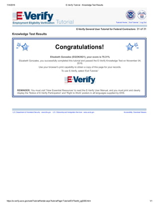 E-Verify Tutorial - Knowledge Test Results | PDF