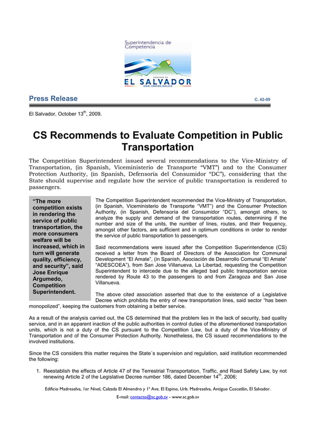 CS Recommends to Evaluate Competition in Public Transportation | PDF ...