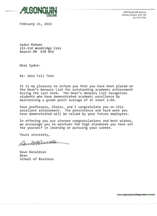 Algonquin College appreciation letter | PDF
