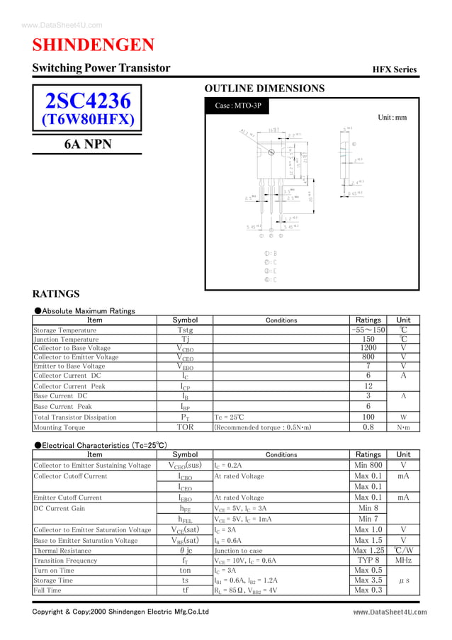 Original NPN Transistor 2SC4236 4236 6A 800V TO-247 New Shindengen | PDF