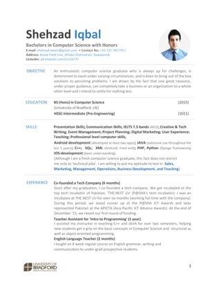SHEHZAD IQBAL - Resume - Namal | PDF | Programming Languages | Computing