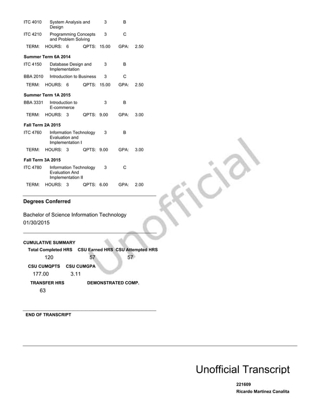 unofficial_transcripts | PDF | College Education | Education
