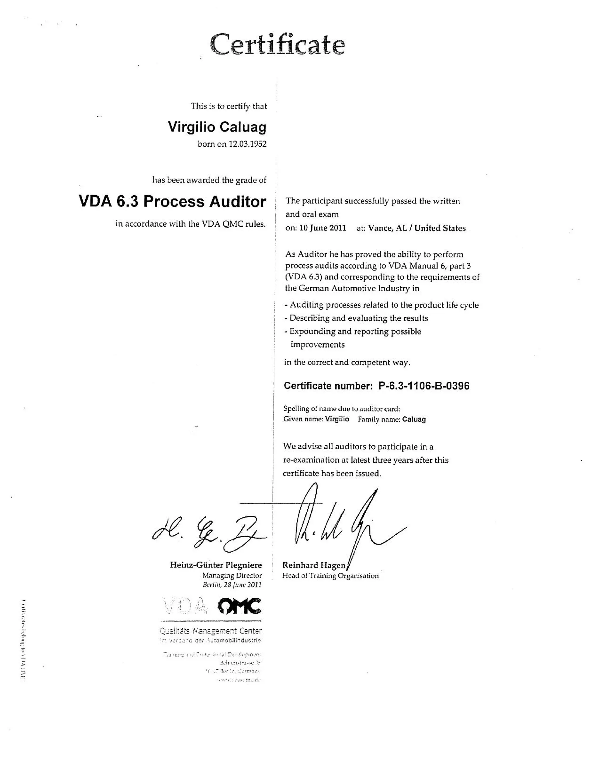 Virgilio VDA 6.3 Auditor certificate | PDF