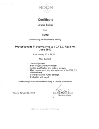 Virgilio VDA 6.3 Auditor certificate | PDF