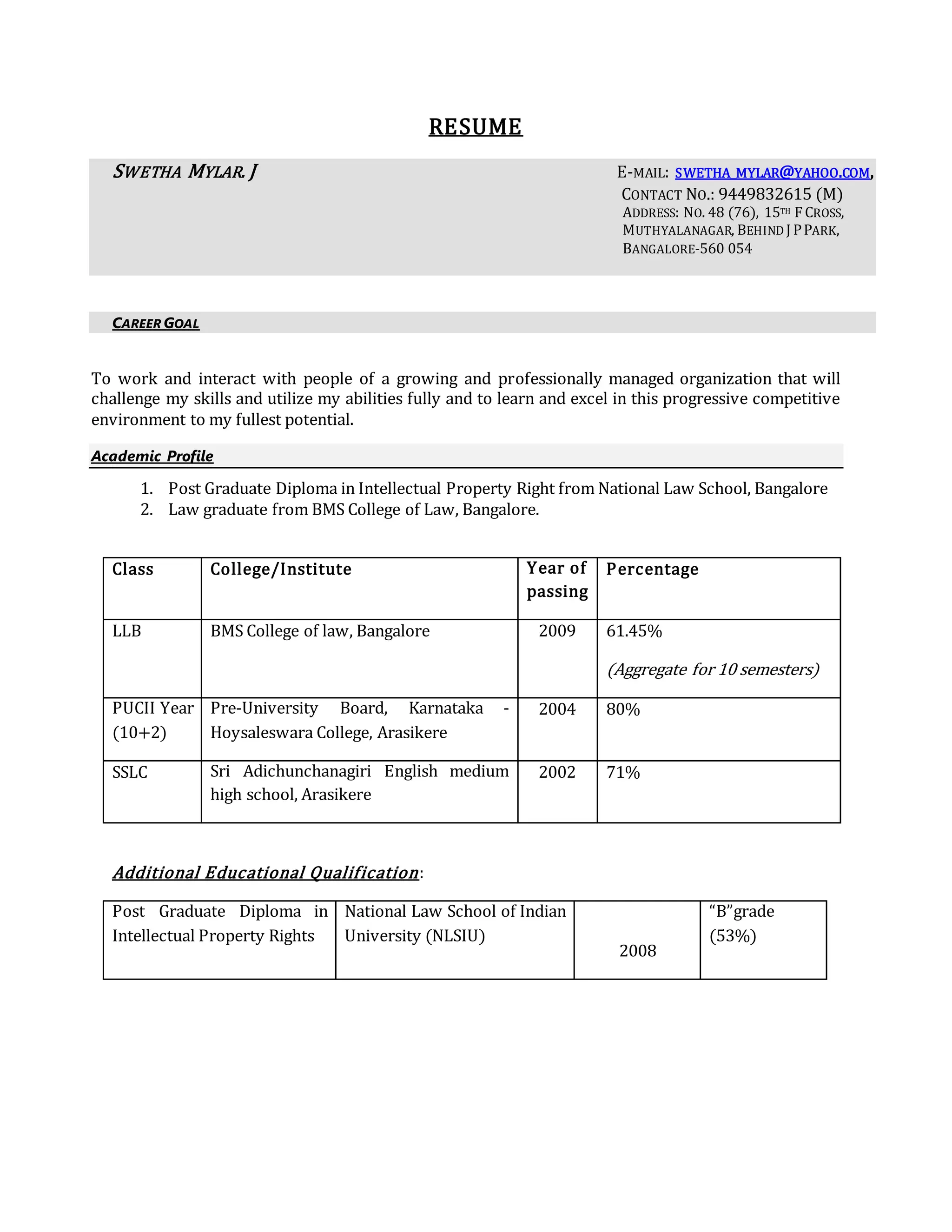 Swetha Resume LLB | PDF