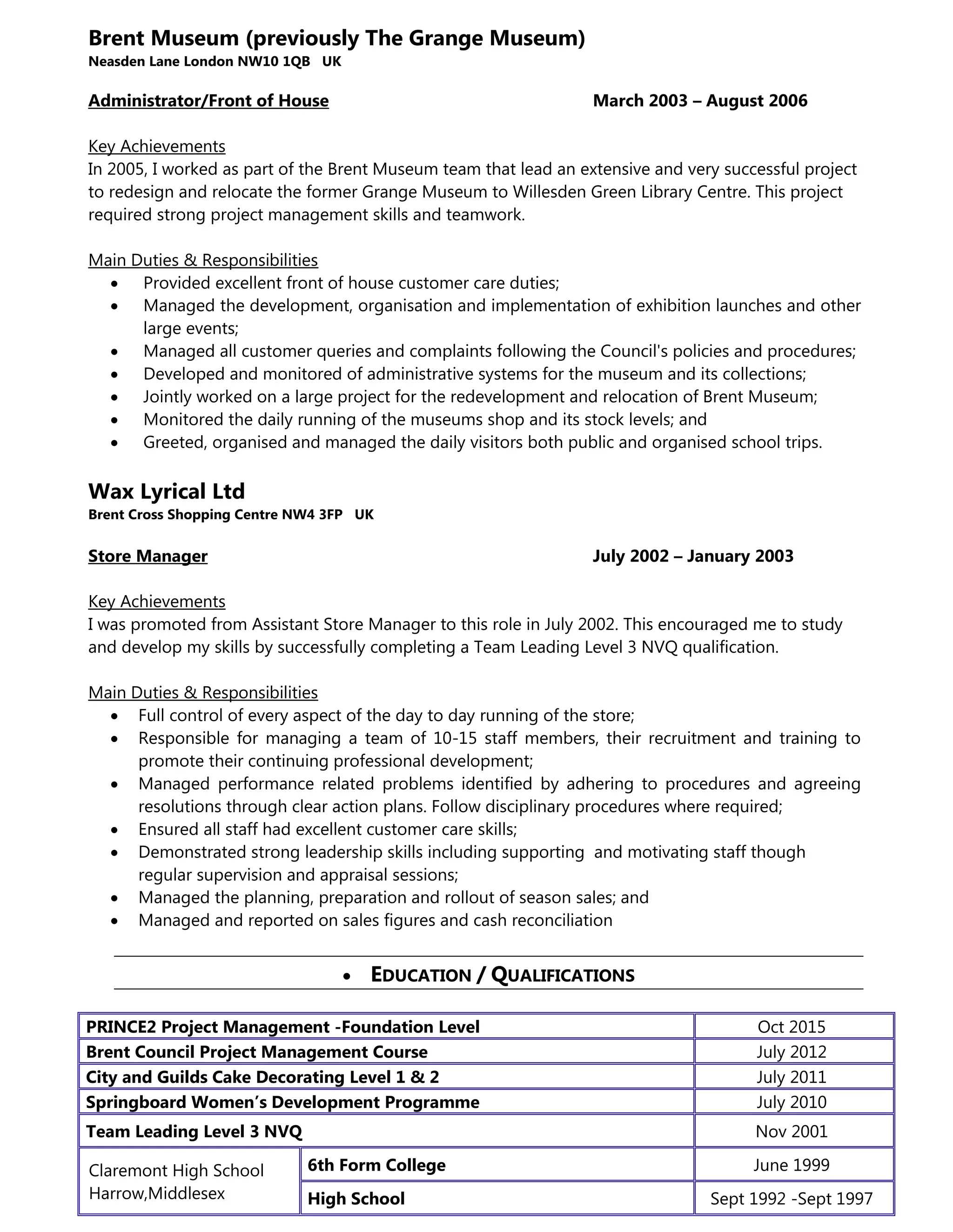 Wendy Proctor - Resume Nov 2015 | PDF