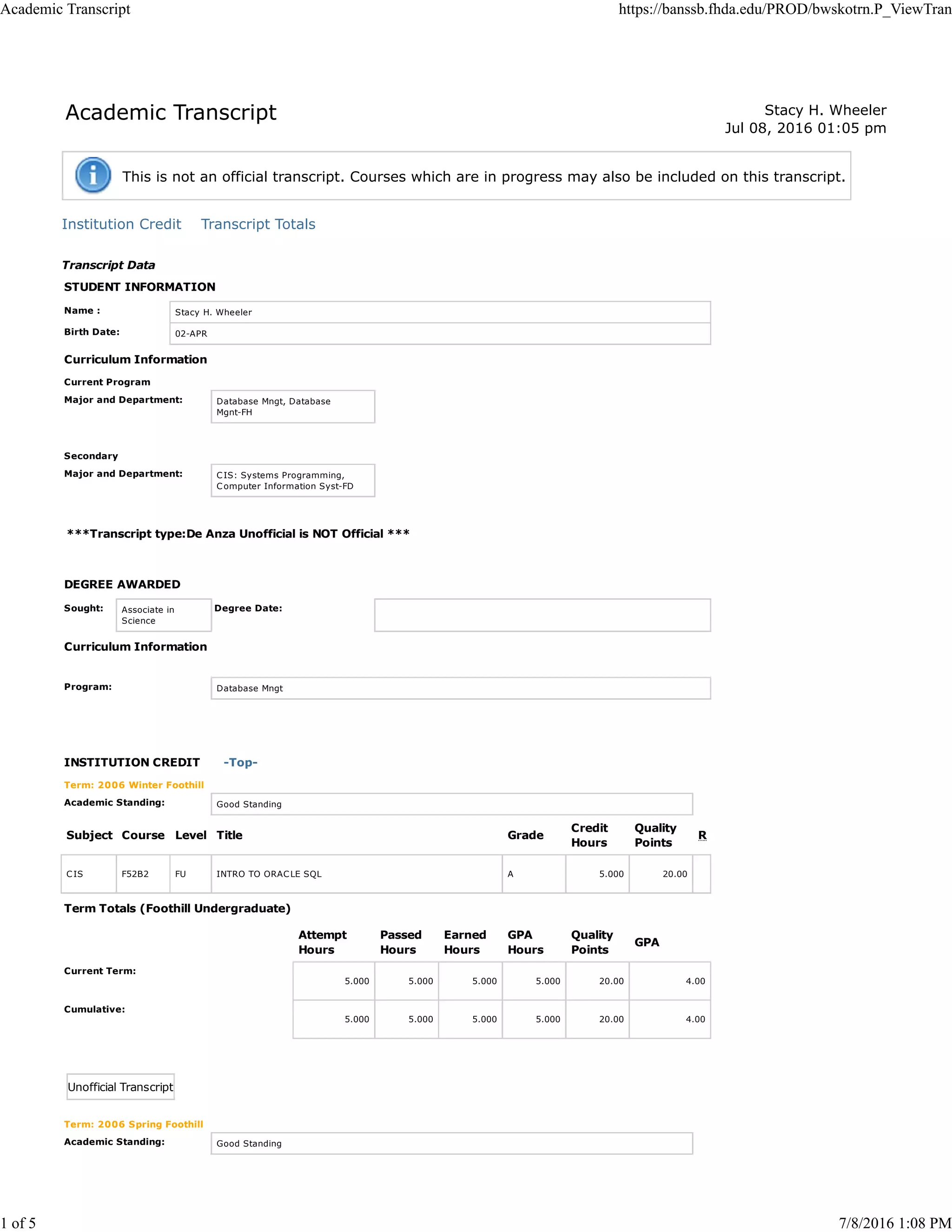 Unofficial Transcript | PDF