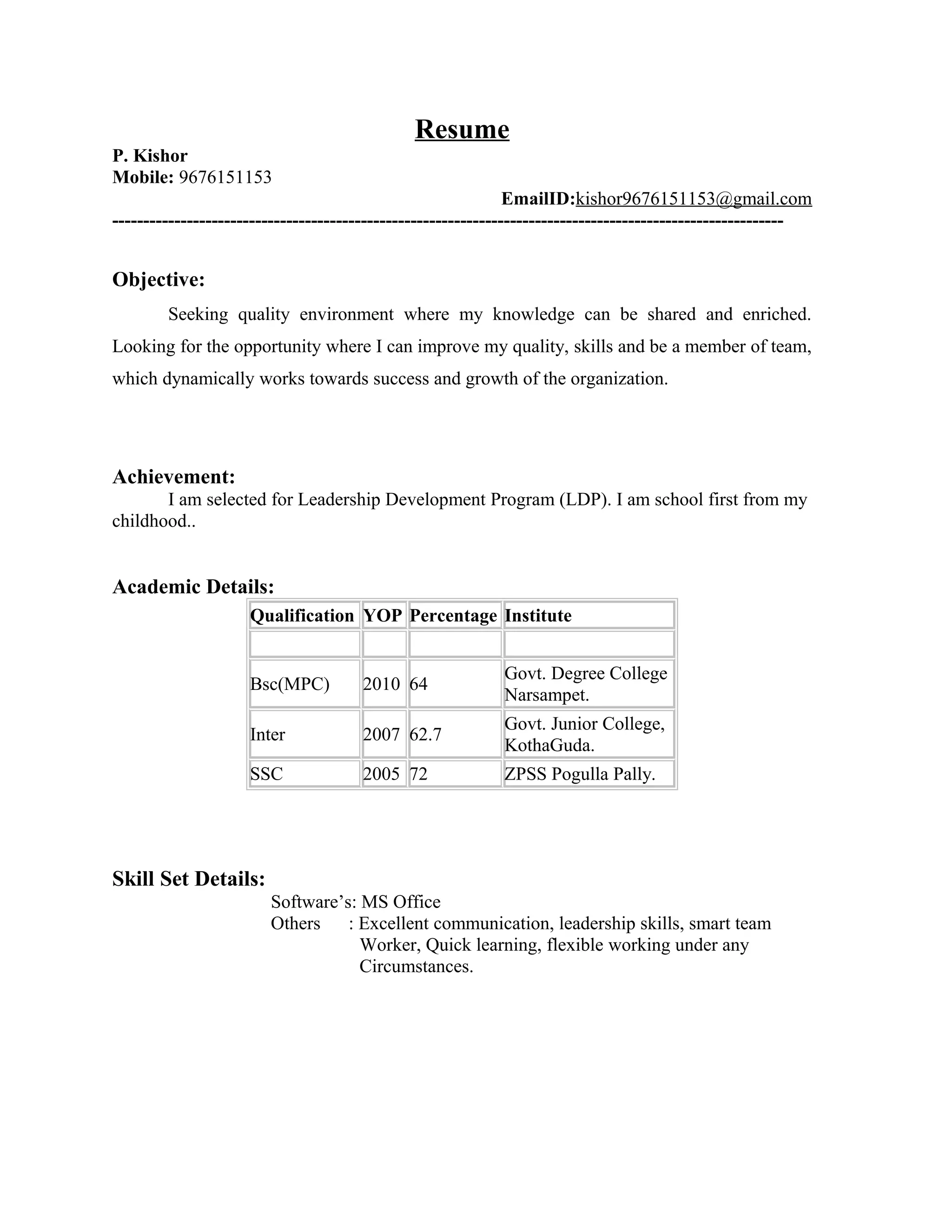 Kishore Resume (1) | DOC | Education