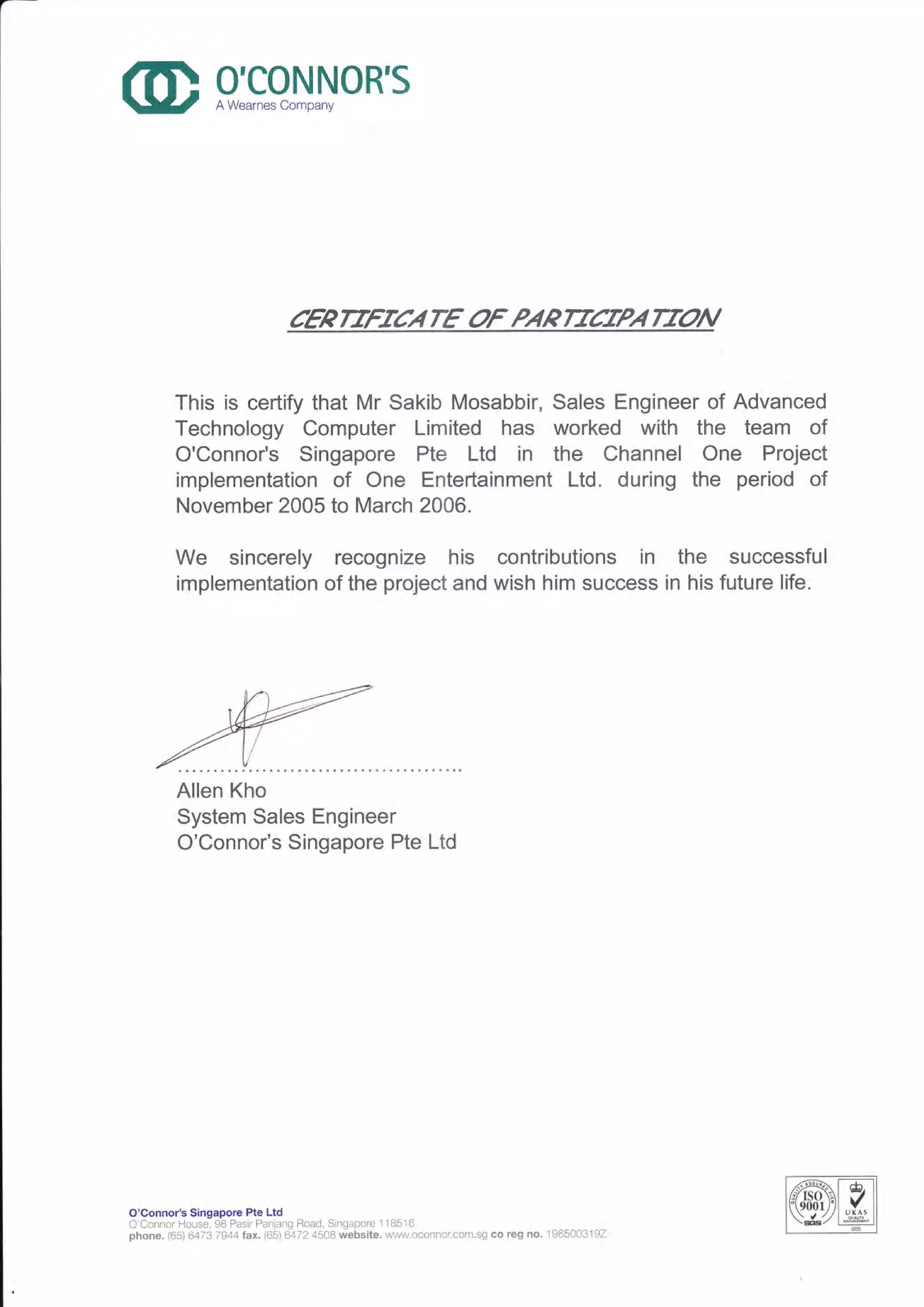 Certificate of TV channel Installer O'Connor's Singapore Pte Ltd | PDF