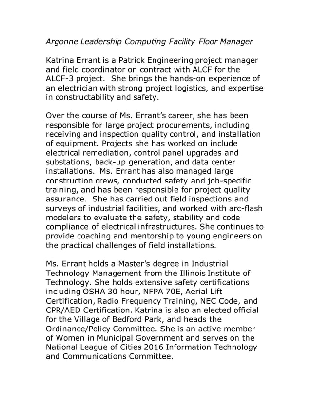 Argonne Leadership Computing Facility Floor Manager | DOCX