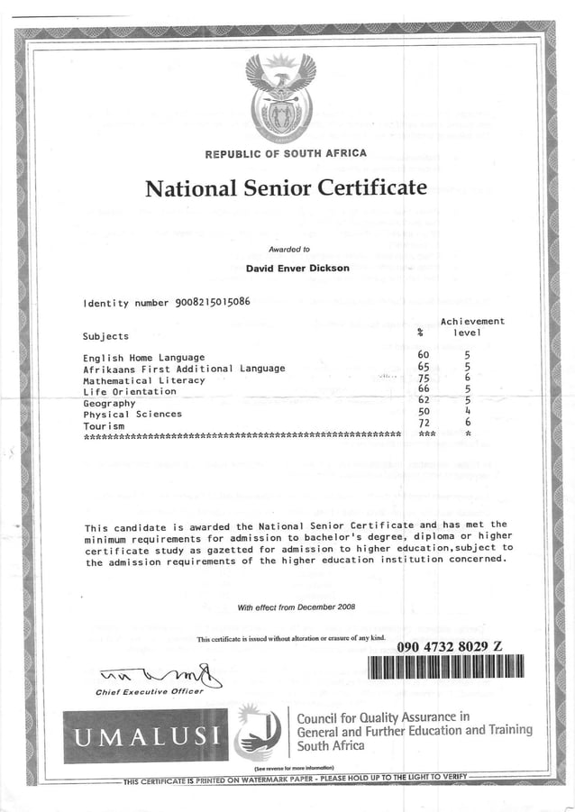 David_ Matric Certificate | PDF