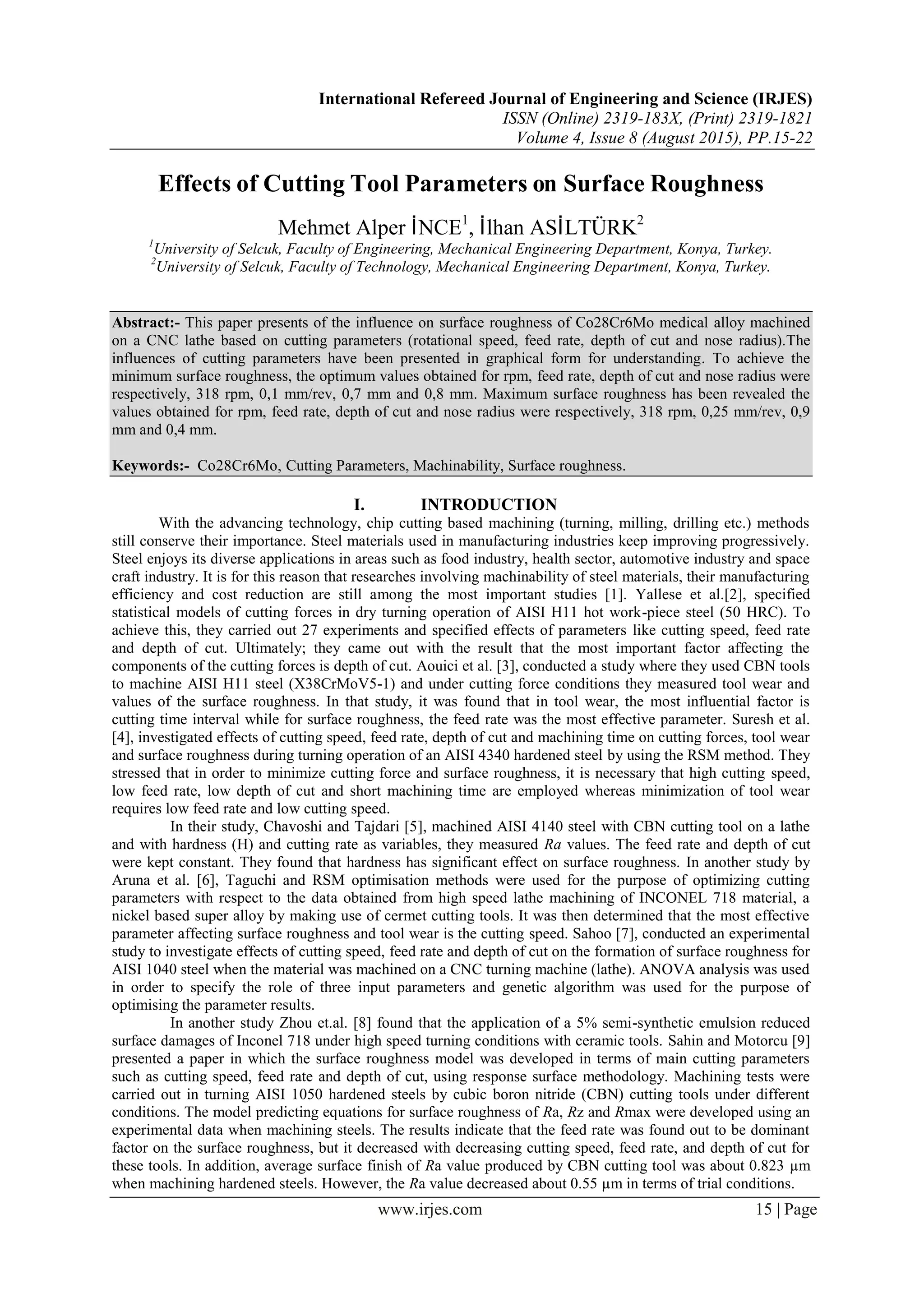Effects Of Cutting Tool Parameters On Surface Roughness Pdf