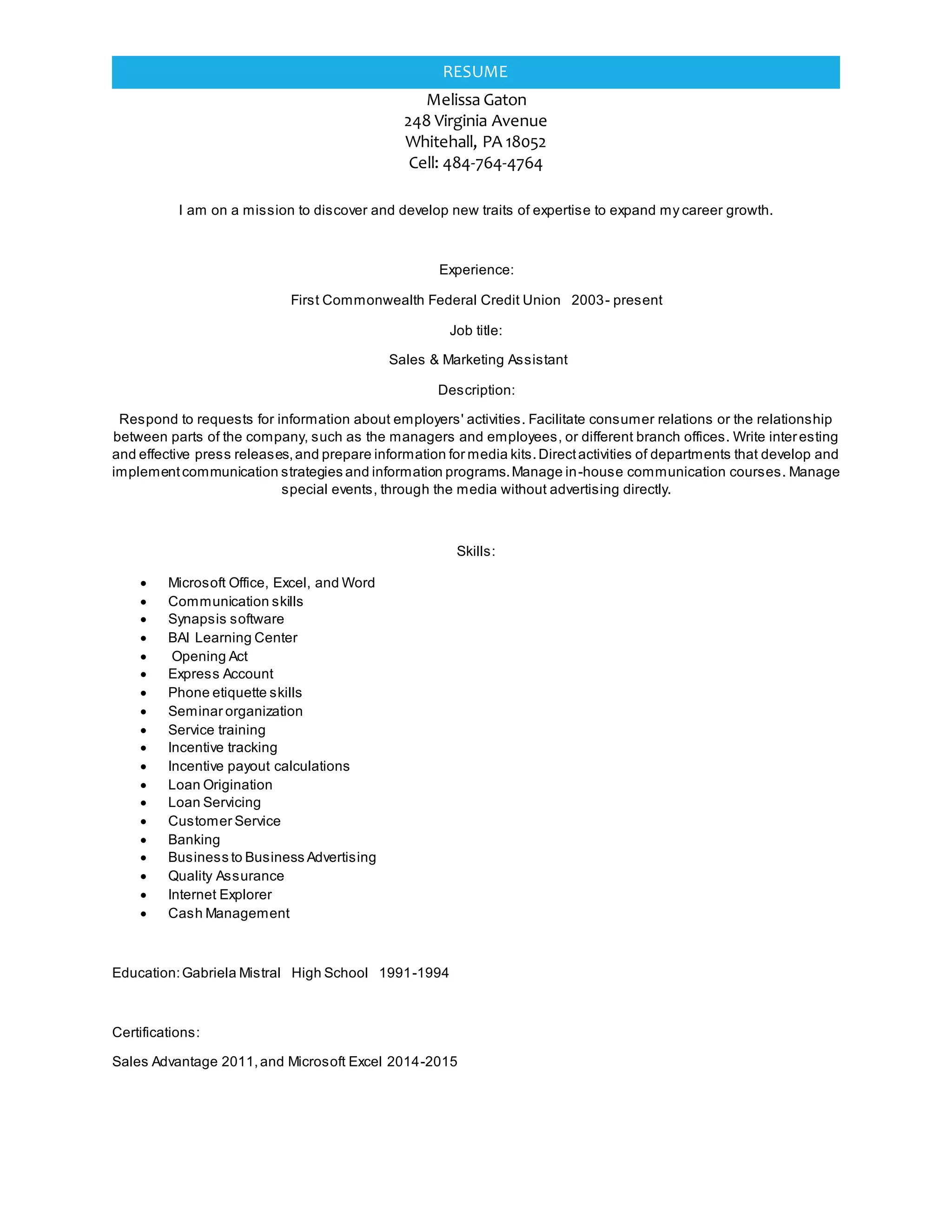 Melissa Resume | DOCX